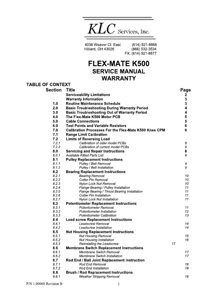 KLC Flex-Mate K500 Knee CPM Service Manual | PDF