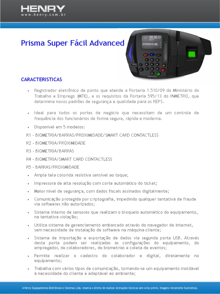 Henry Prisma Super Facil Advanced Especificacoes Tecnicas | PDF | Biometria | Armazenamento de ...