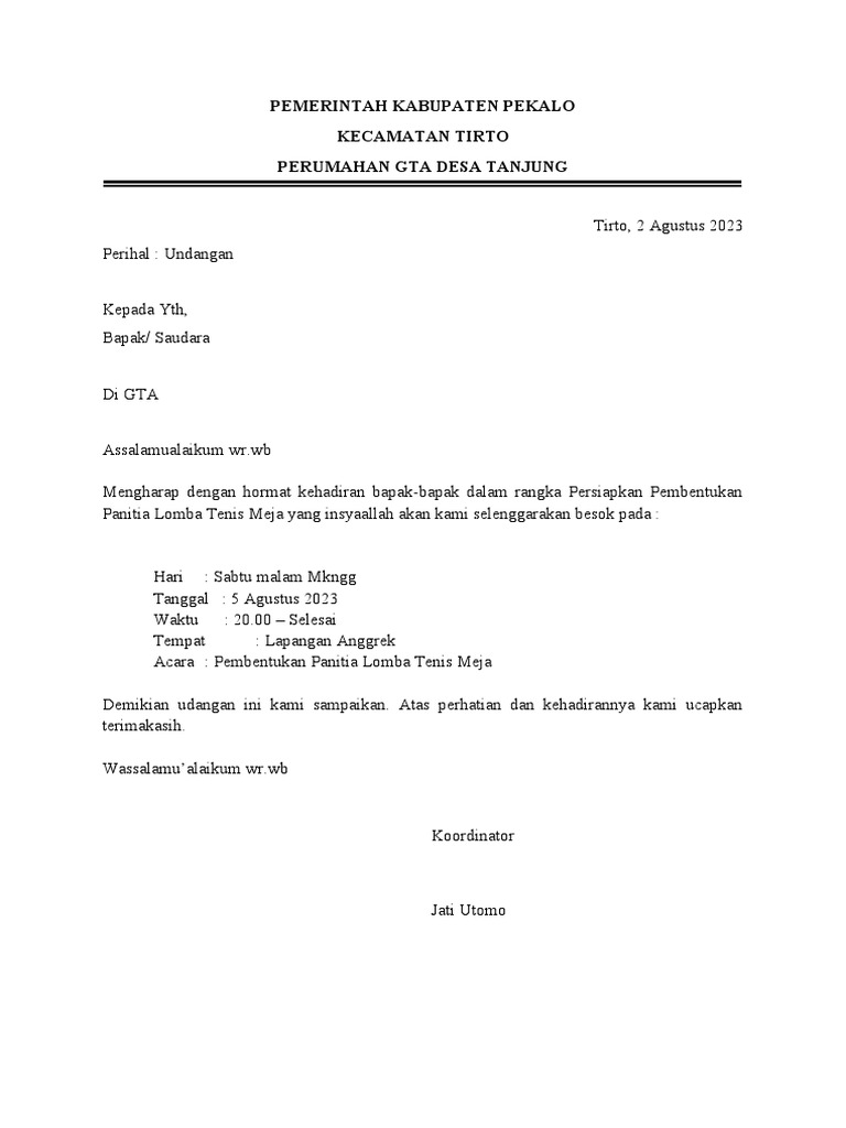 Contoh Surat Undangan Rapat Rt Sederhana Pdf