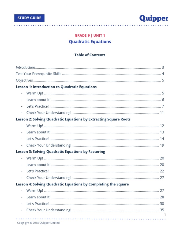 Quadratic Equations: Study Guide | PDF