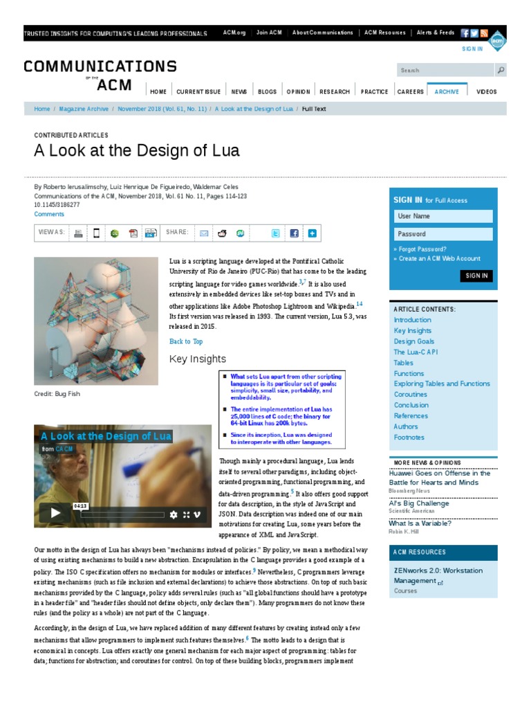Lua - A Look at The Design of Lua Fulltext - 2018 11 - Cacm Acm Org ...