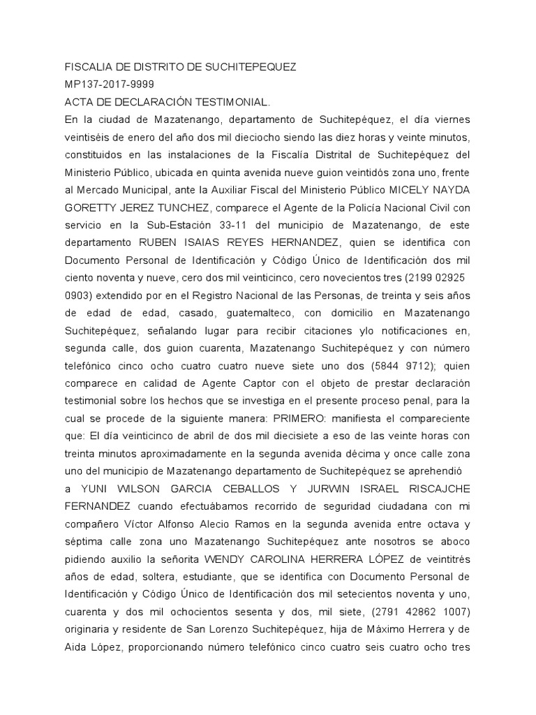 Acta De Testimonio De Un Testigo Pdf
