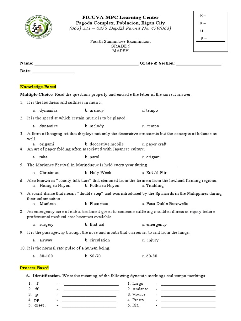 G5-4th Summative (MAPEH) Final | PDF | First Aid | Tempo