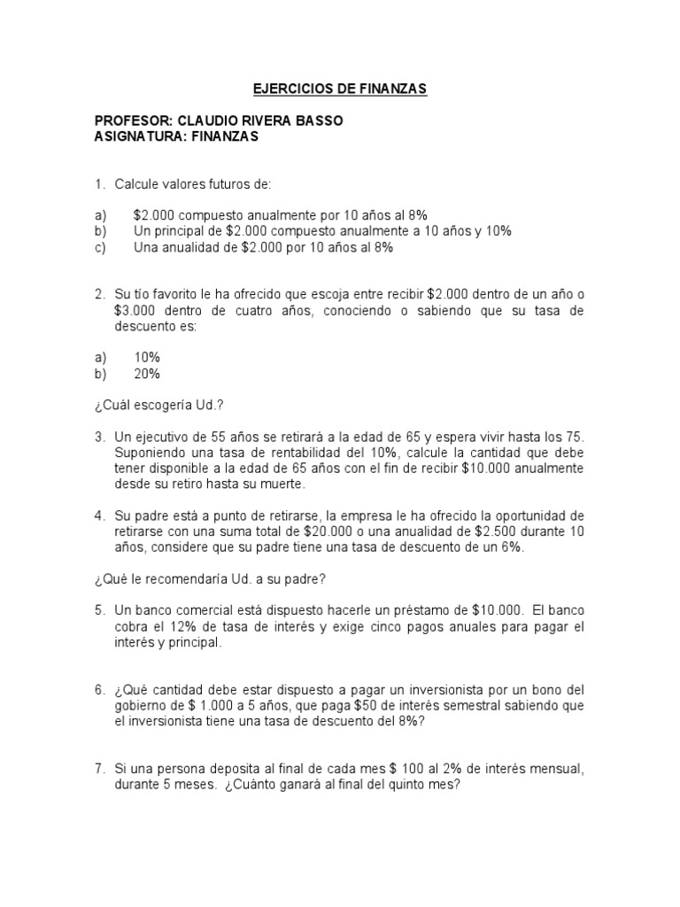 Ejercicios Finanzas Valor Dinero | PDF | Interés | Inflación