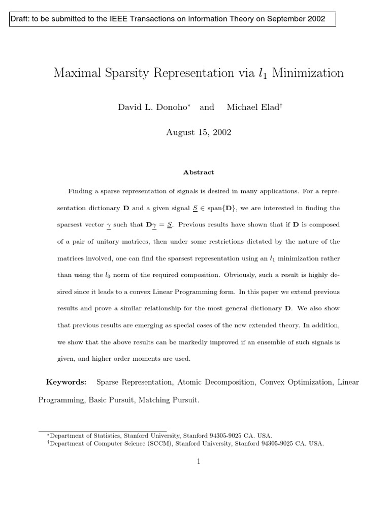 2002 - Donoho, Elad - Maximal Sparsity Representation Via L 1 Minimization | PDF | Matrix ...