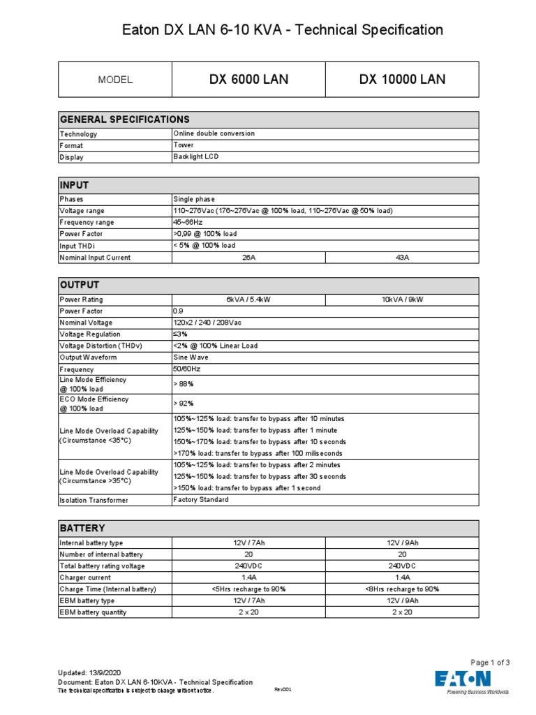 Datasheet Eaton DX LAN (6-10kVA) | PDF | Battery Charger | Computer Engineering