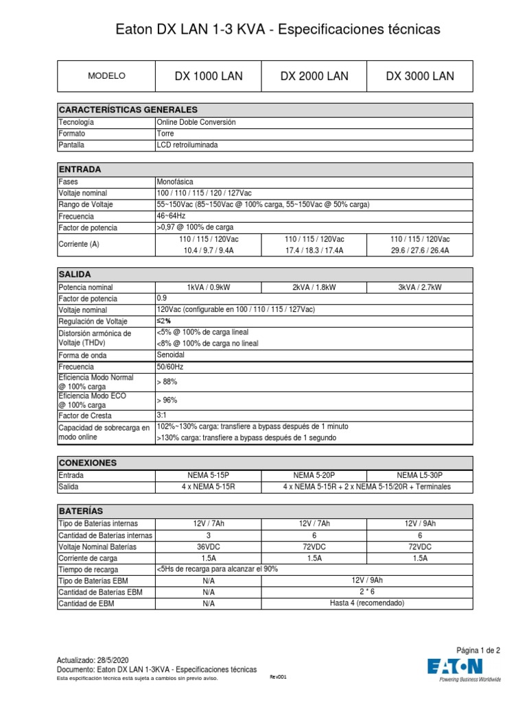 Especificaciones Eaton DX 3000 LAN | PDF | Electricidad | Bienes ...