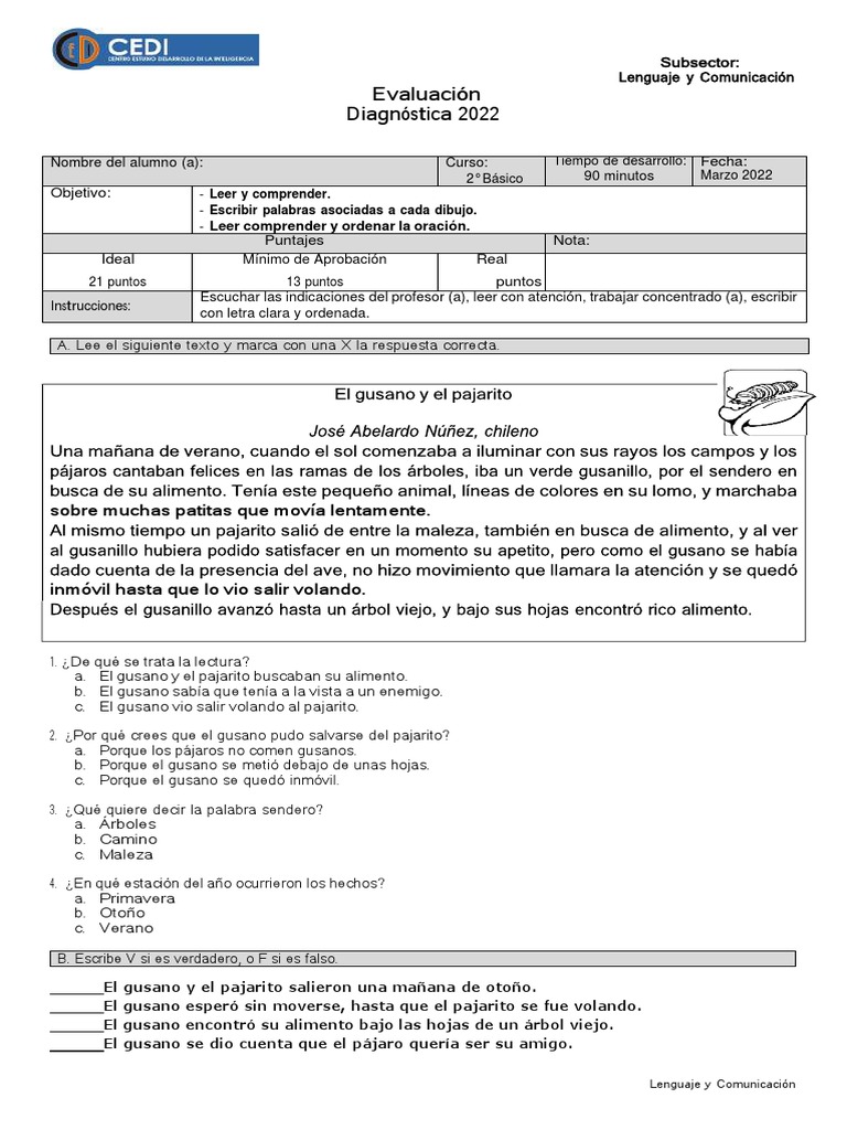 2° Básico - Prueba de Diagnóstico - Lenguaje y Comunicación | PDF