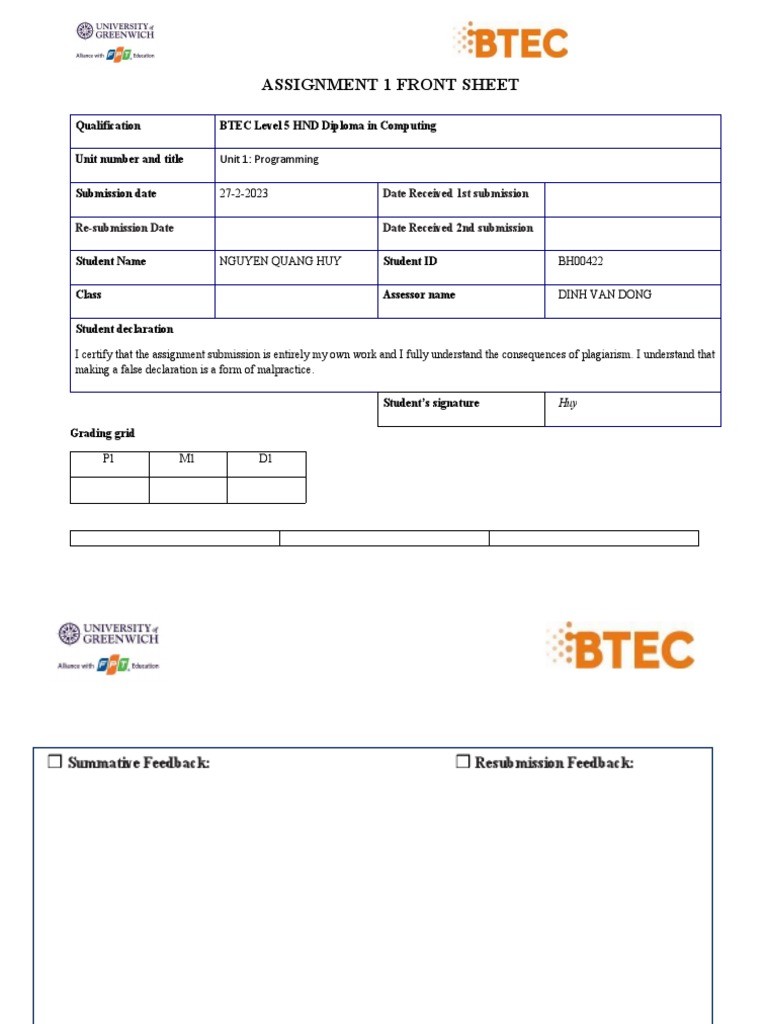 Unit 1 Assignment 1 Frontsheet 1 Huy Bu Cac | PDF | Algorithms | Computer Science