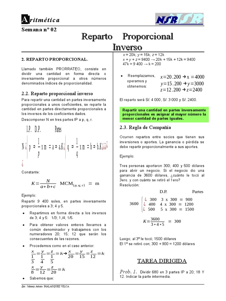 Reparto Proporcional y Prorrateo en Aritmética | PDF | Métodos y ...