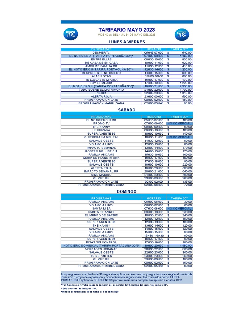 TC Tarifario MAYO 2023 | PDF