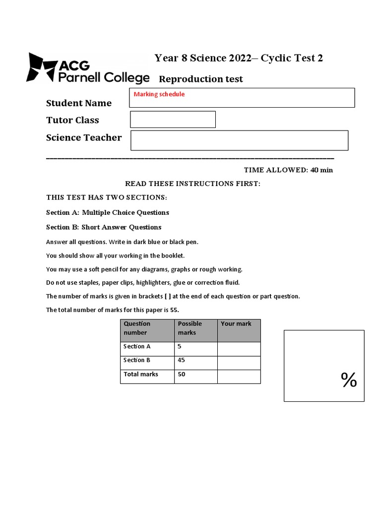 Year 8 Reproduction Test 2022 Marking Schedule | PDF | Reproductive ...