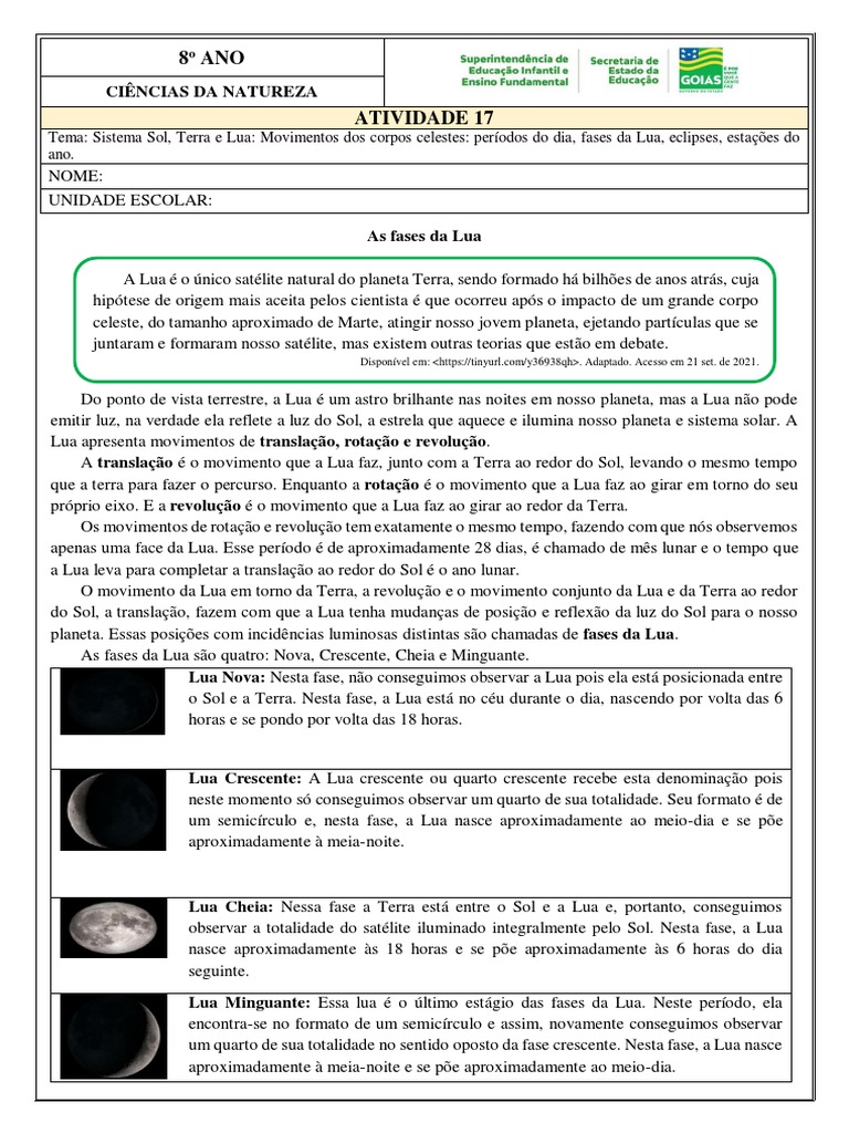 Atividade 17 8o CIE Sistema Sol Terra e Lua | PDF