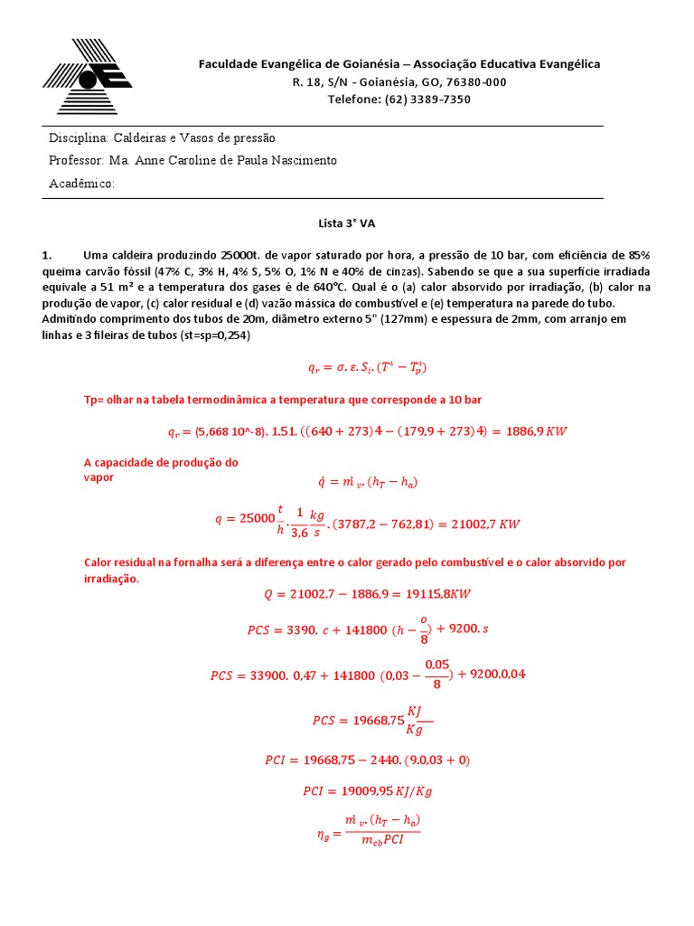 Lista 3° VA - Respostas | Download grátis PDF | Pressão | Caldeira