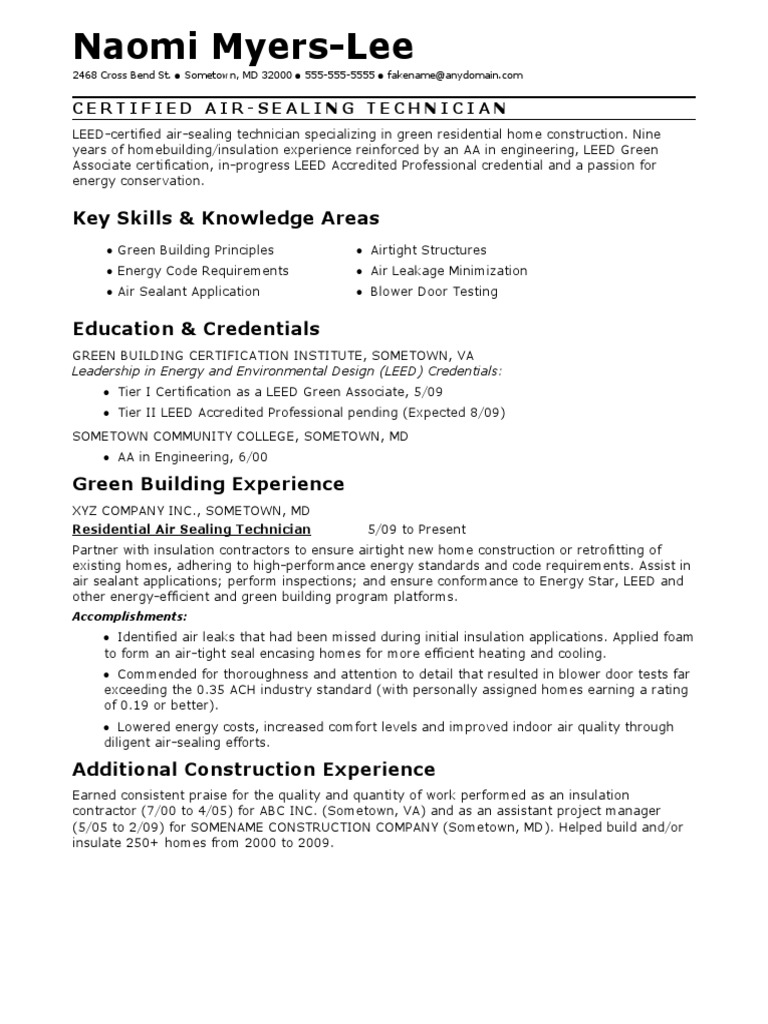 Sample Resume For An Air Sealing Technician | PDF