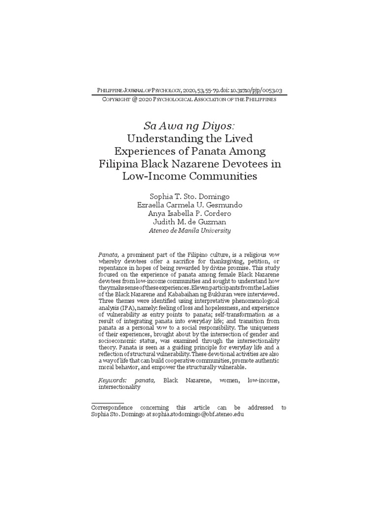 Sa Awa NG Diyos Understanding The Lived Experiences of Panata Among Filipina Black Nazarene ...