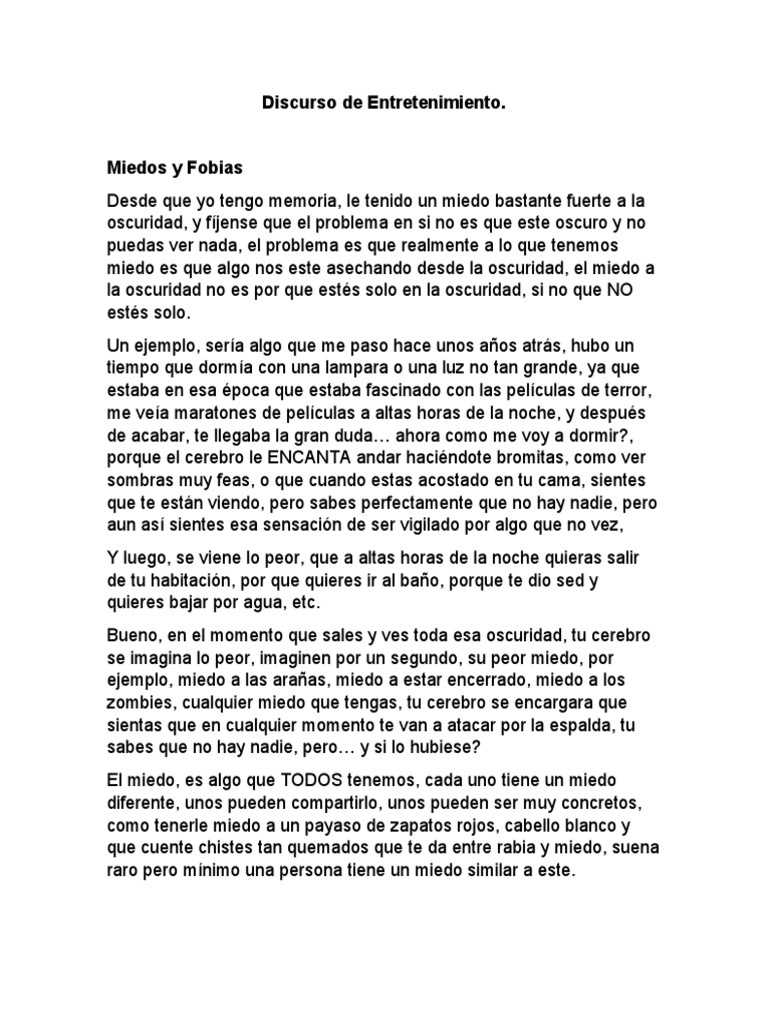 Discurso de Entretenimiento | PDF | Temor | Fobia