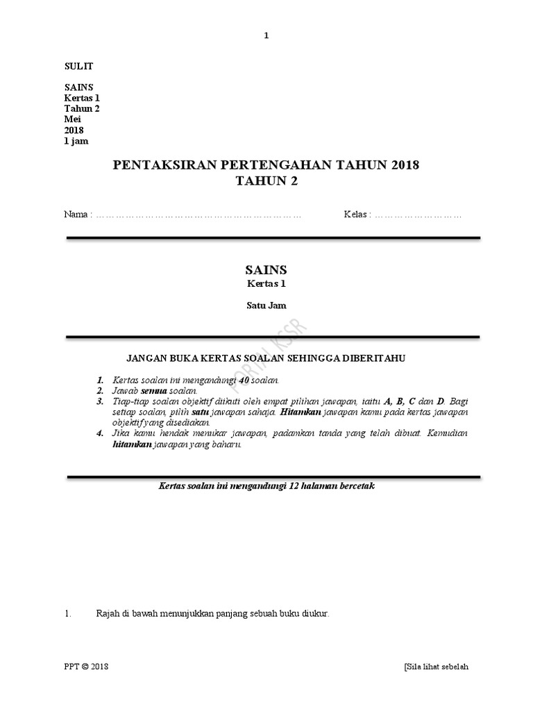 Soalan PPT 2018 - Sains T2 K1 WM | PDF