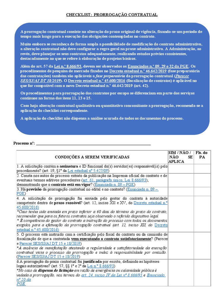Checklist para Prorrogação Contratual PGE RJ | PDF | Administração ...