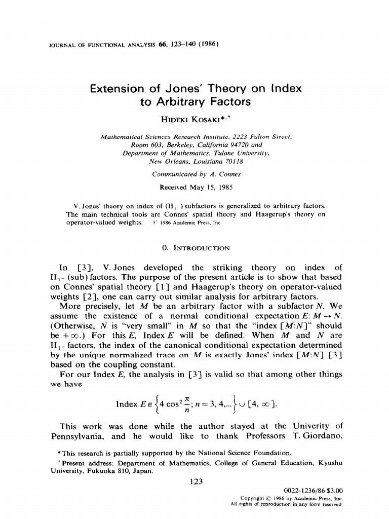 1986, Extension of Jones' Theory On Index To Arbitrary Factors, Kosaki | PDF | Mathematical ...