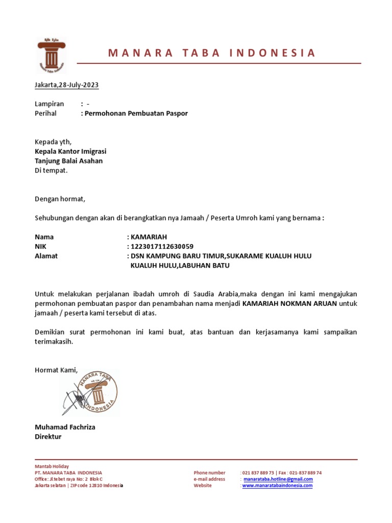 Surat Permohonan IMIGRASI An KAMARIAH | PDF