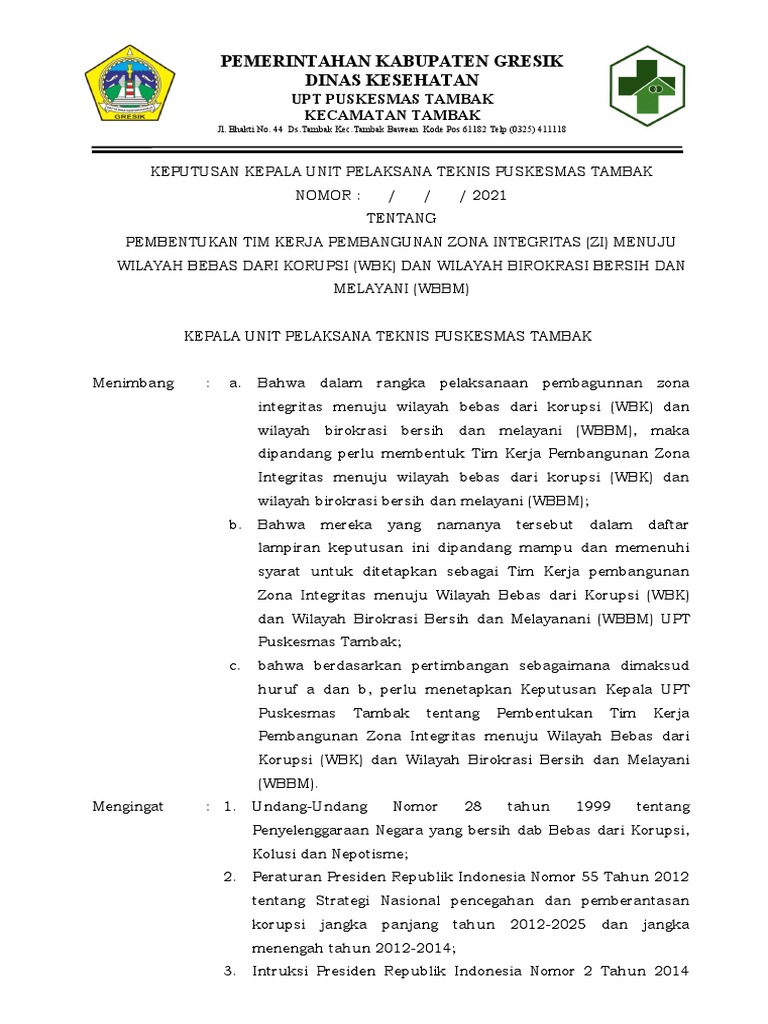 Sk Zona Integritas Pkm Tambak Pdf