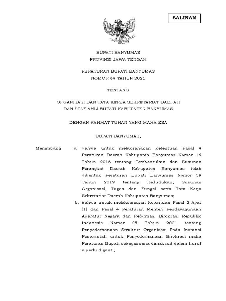 Perbup 84 Tahun 2021 TTG OTK Setda Dan Staf Ahli Bupati-Digabungkan | PDF