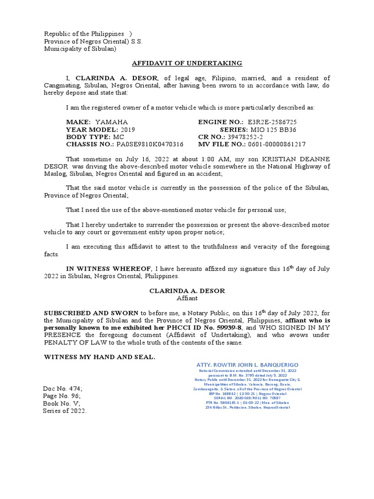 Affidavit of Undertaking for Vehicle | PDF