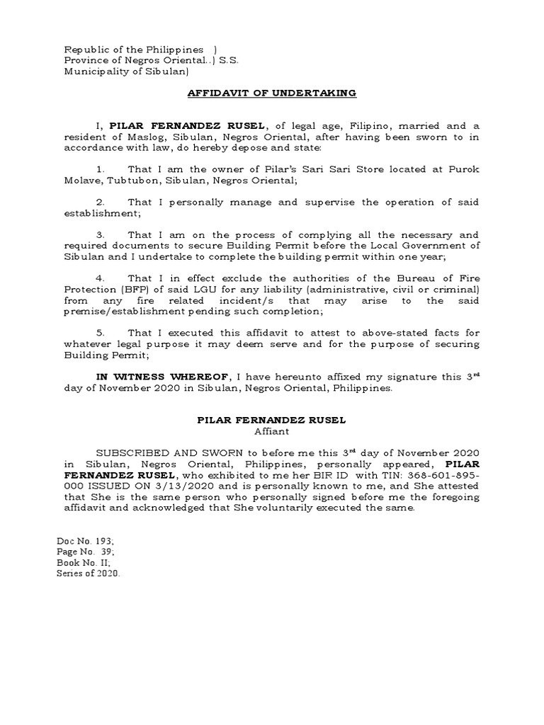 affidavit of undertaking -fire form | PDF