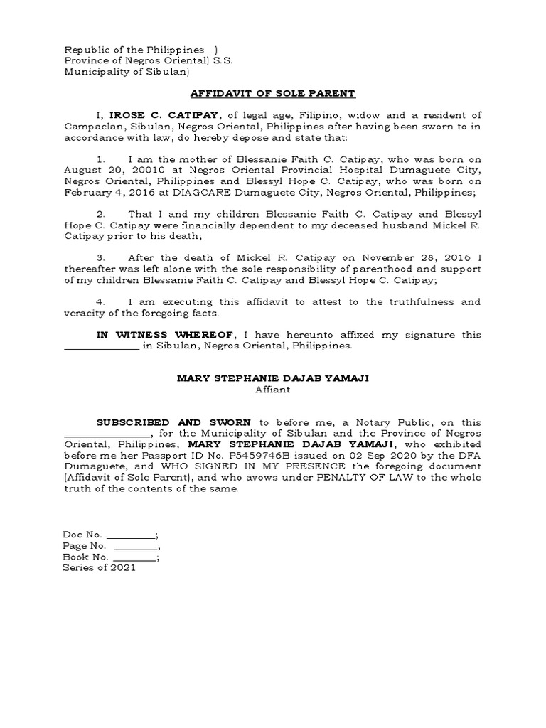 Affidavit of Undertaking - Single Parent Catipay | PDF