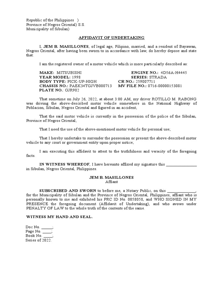 Affidavit of Undertaking - MASILLONES | PDF | Finance & Money ...