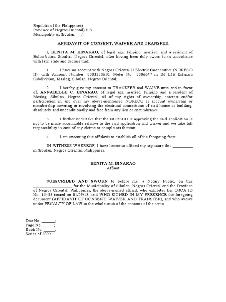 Affidavit of Waiver and Transfer - BINARAO | PDF | Law