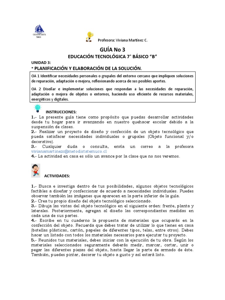 Guía No 3: Educación Tecnológica 7° Básico "B" Planificación Y Elaboración de La Solución | PDF