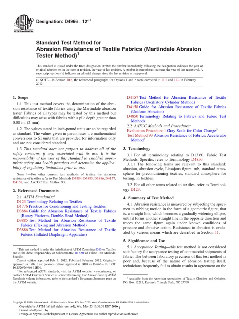 ASTM D4966-12 - Abrasion Resistance of Textile Fabrics | PDF