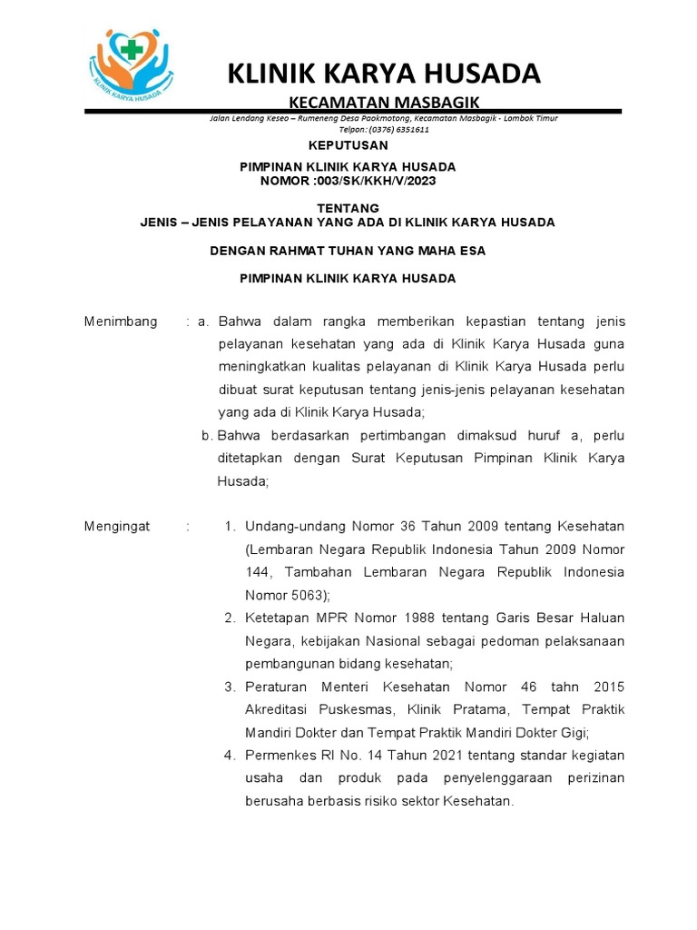 SK Jenis Pelayanan KKH | PDF