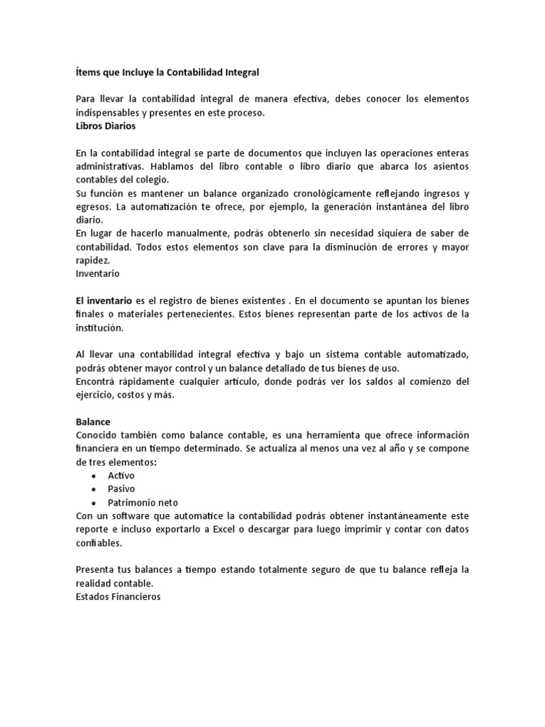 Ítems Que Incluye La Contabilidad Integral | PDF | Contabilidad | Hoja de balance