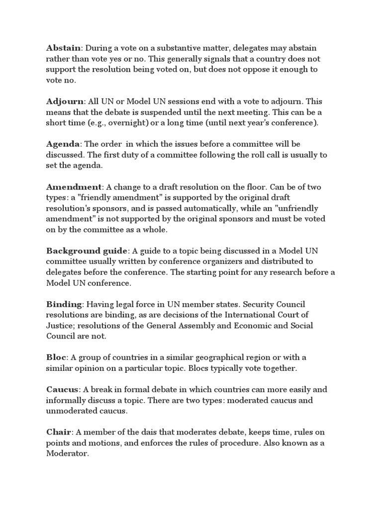 MUN Vocabulary | PDF | Committee | United Nations