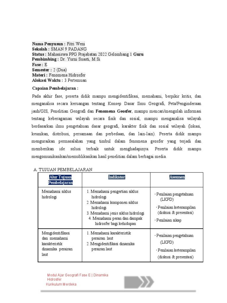 Final - Modul Ajar Geografi Fase E-Dinamika Hidrosfer-Fitri Weni | PDF
