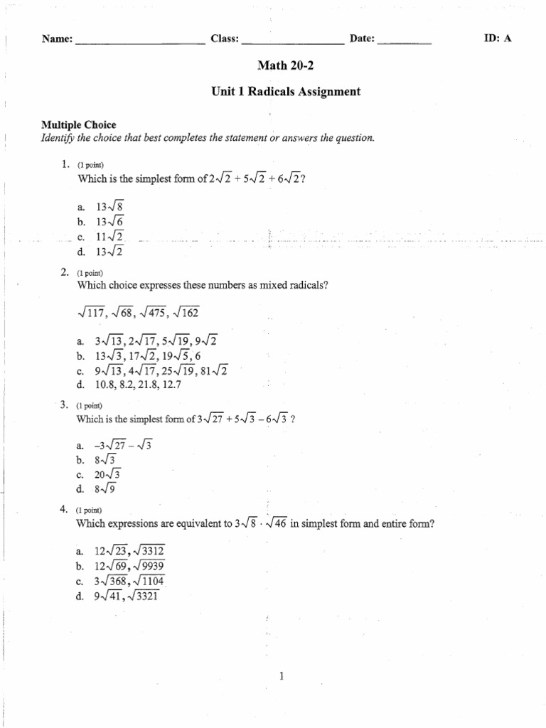 ExamView - Math 20-2 Unit 1 Radicals Assignment No Key | PDF
