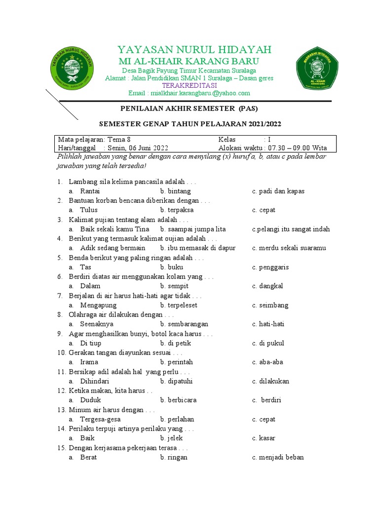 PAS Kelas 1 Tema 8 | PDF