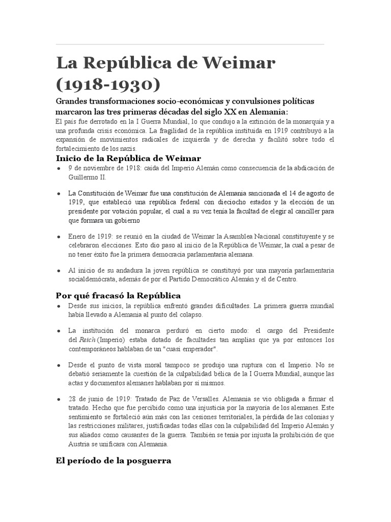 La República de Weimar y Crisis de 1929 | PDF | República de Weimar | Gran depresion