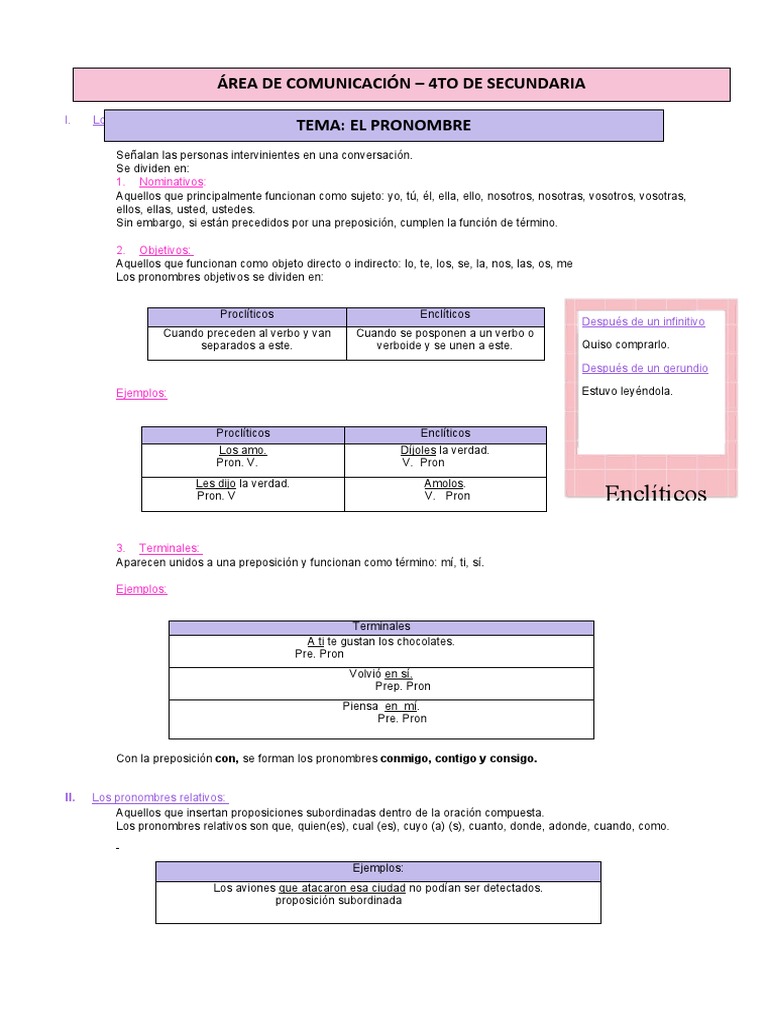 Pronombres personales objetivos y su uso | PDF | Lingüística ...