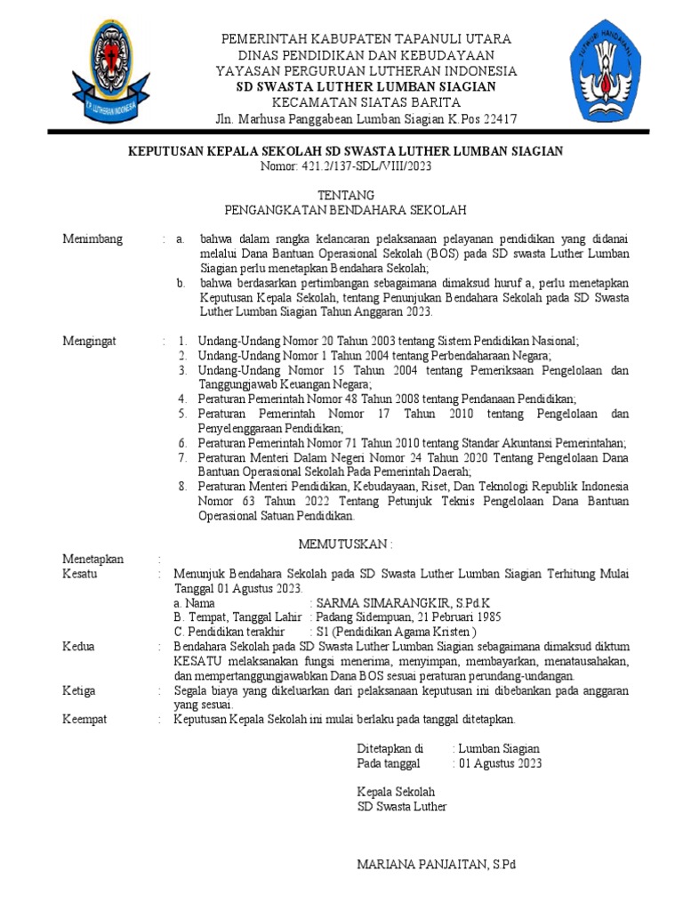 Contoh SK Bendahara Sekolah SD 2023 | PDF