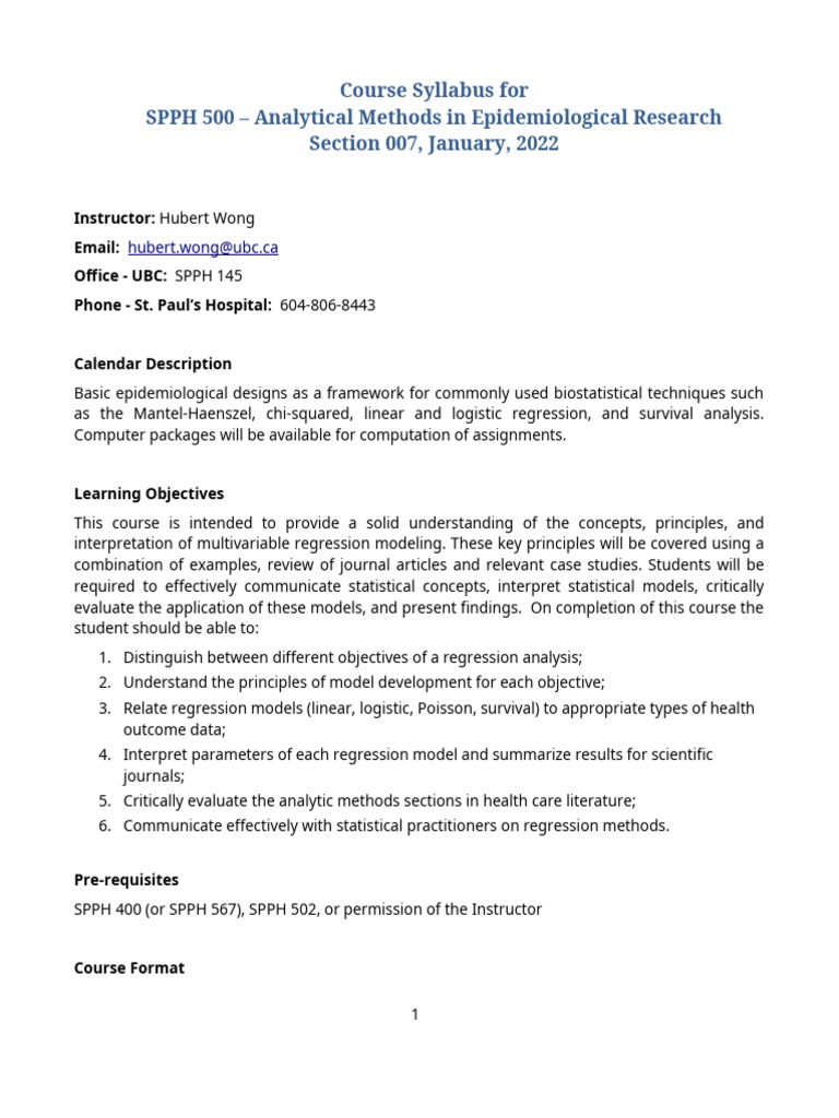 SPPH-500- Course Outline 2022 | PDF | Regression Analysis | Statistics
