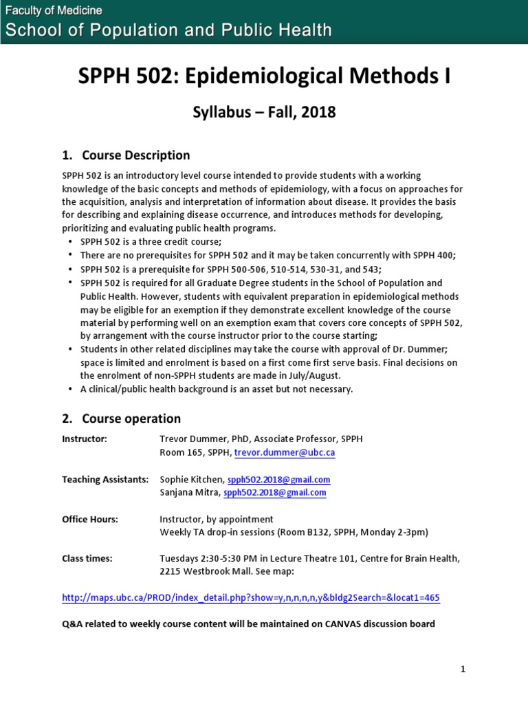 SPPH 502: Epidemiological Methods I Syllabus | PDF | Epidemiology ...
