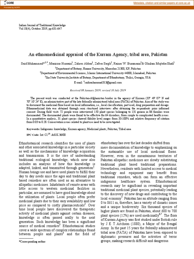 An Ethnomedicinal Appraisal of The Kurram Agency, Tribal Area, Pakistan ...