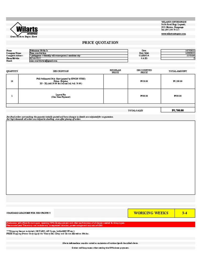 Price Quotation for ENNC Construction | PDF | Money | Business