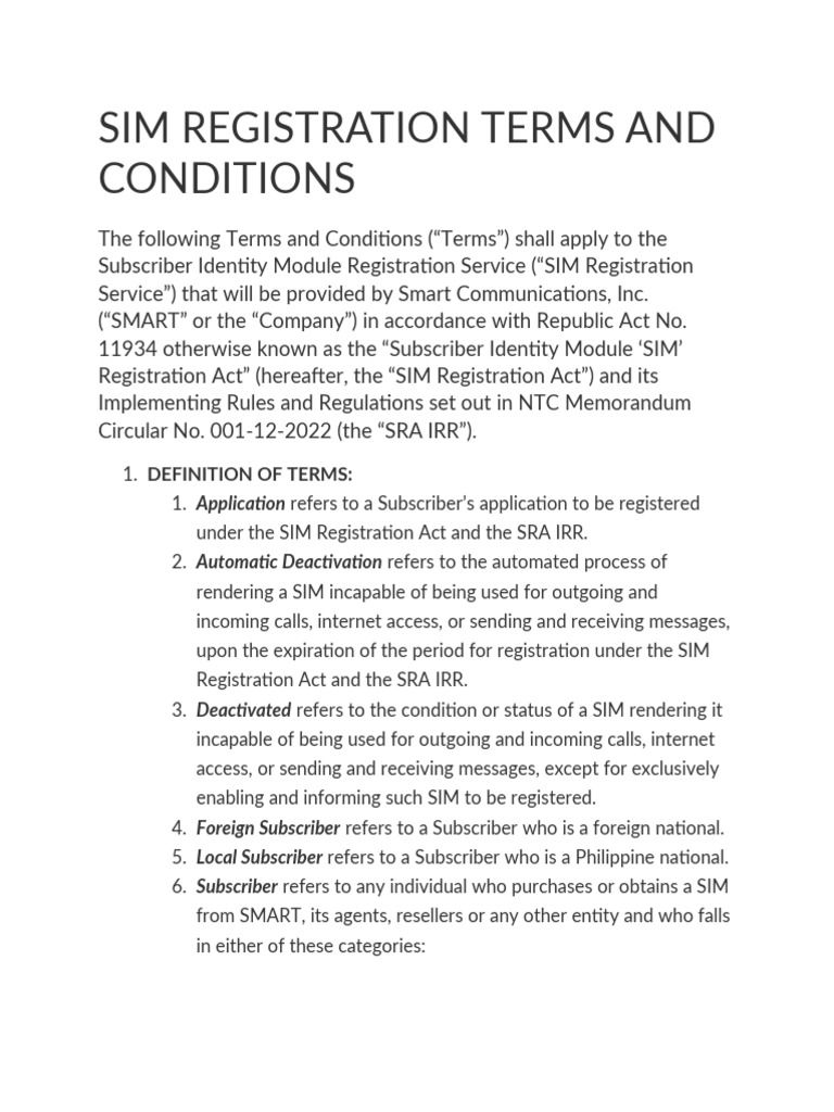 Smart Sim Registration Terms and Conditions | PDF | Identity Document | Travel Visa