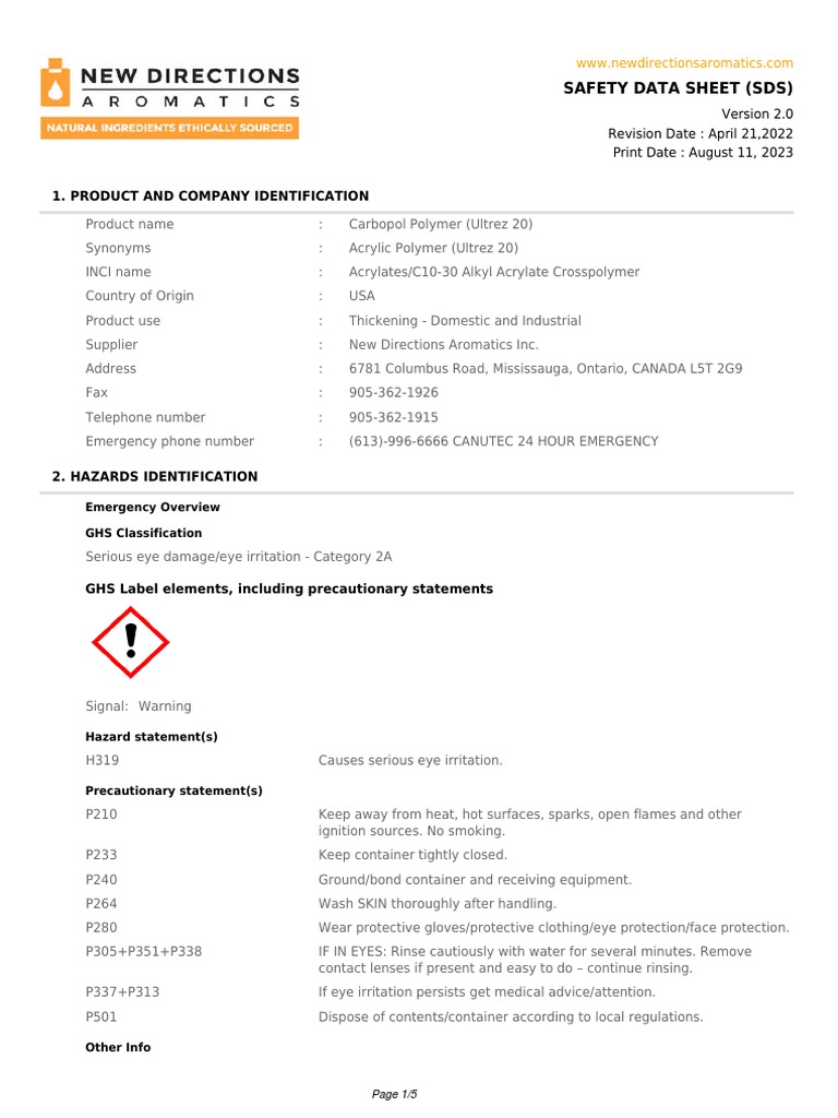 SDS CarbopolPolymer | PDF | Personal Protective Equipment | Water
