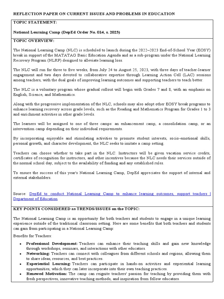 ZACARIA, SITTIE ALYANNA N. - Reflection Paper (NLC) | PDF | Teachers ...